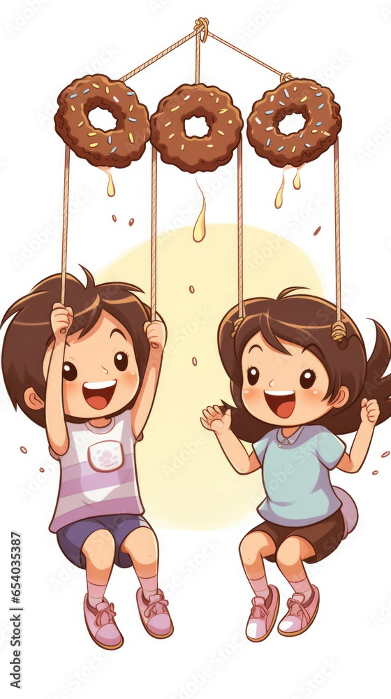 ภาพประกอบสต็อก Children giggling while bobbing for donuts hanging from ...