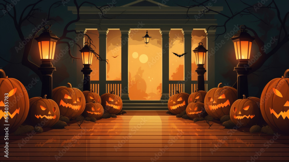 lanterns glowing brightly on porches. Halloween cartoon Stock ...