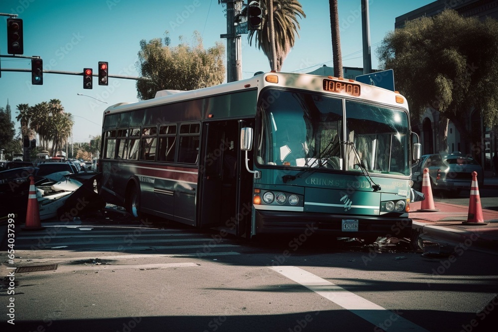 Traffic collision involving a passenger city bus colliding with a pole ...