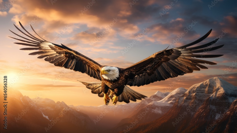 a beautiful north american bald eagle flying high in the sky ...