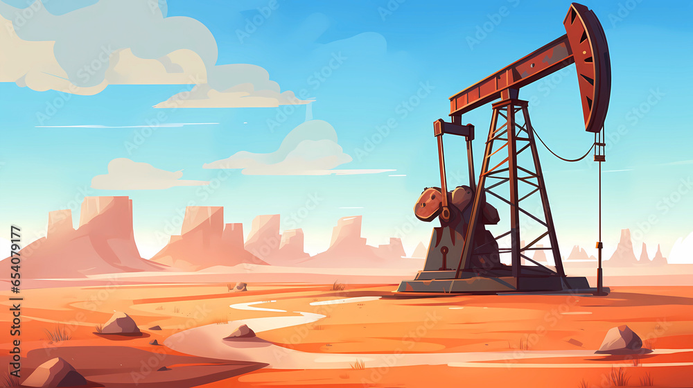 Hand drawn cartoon illustration of oil drilling platform in desert ...