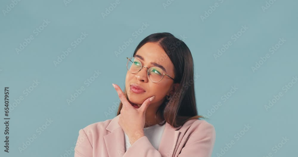 Thinking, idea and business woman in studio with decision ...