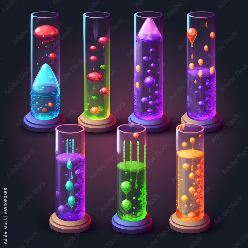 glass test tubes with colorful water 3d icons game art sprite sheet ...