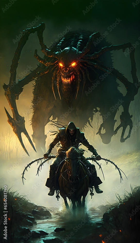 dark fantasy warrior riding a giant spider brown orange and green ...