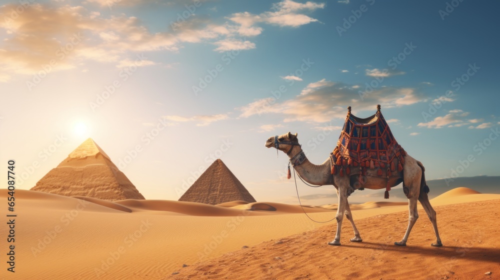 a photo of camel standing in the egyptian sand desert sahara. pyramids ...