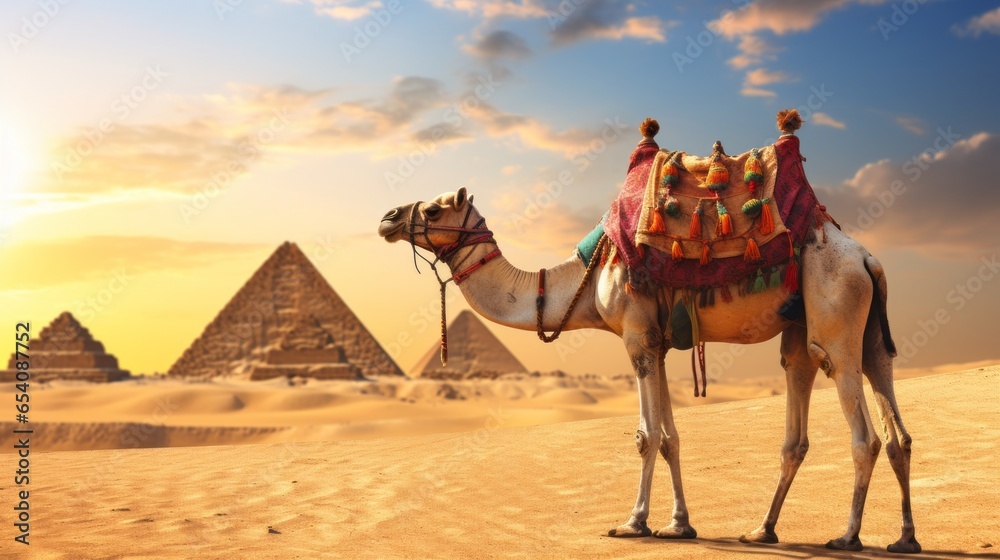 a photo of camel standing in the egyptian sand desert sahara. pyramids ...