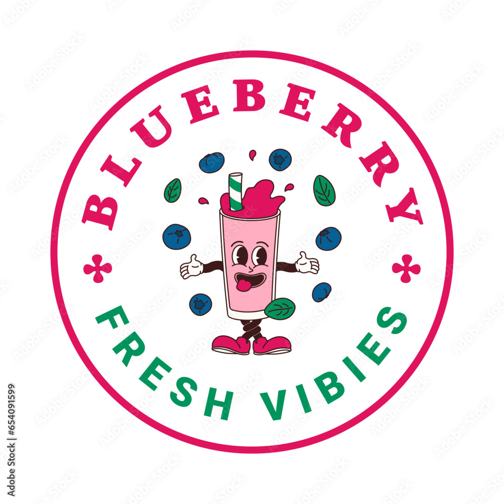 Sticker of character blueberry juice or smoothie in cartoon style ...