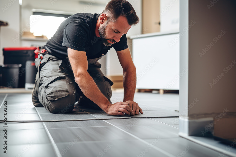 Tile installer, a man laying floor tiles in a new home, demonstrating ...