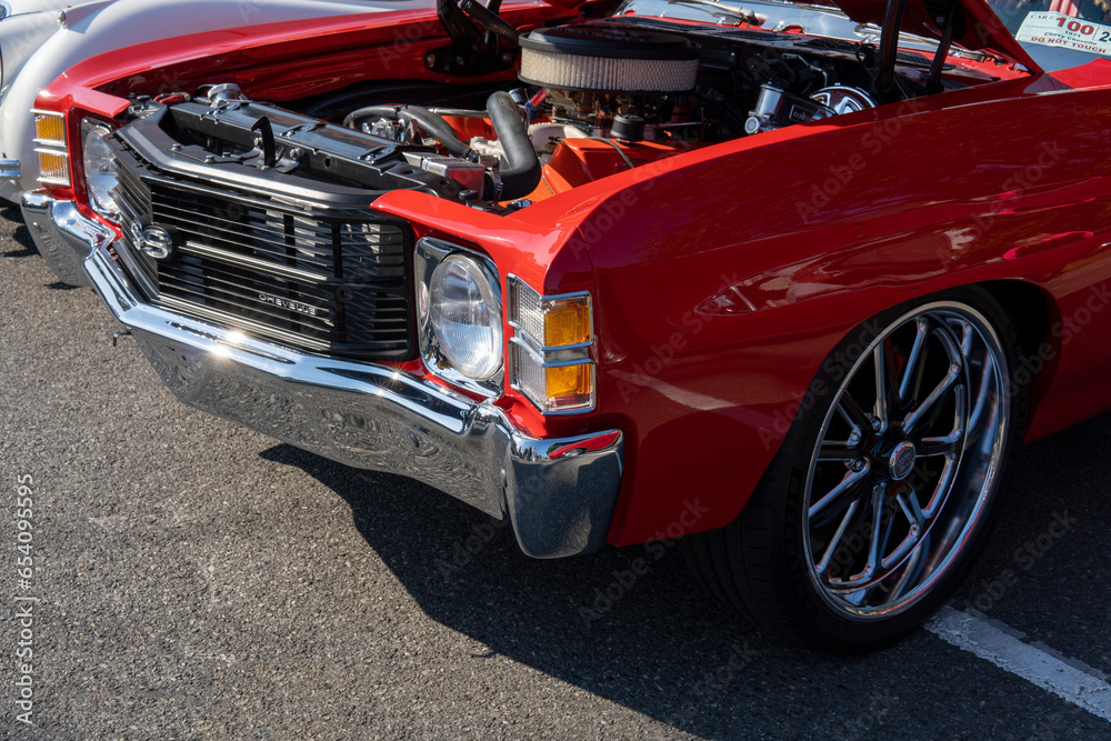 Snohomish, WA, USA - 25 September 2022. Headlights of red Chevrolet ...