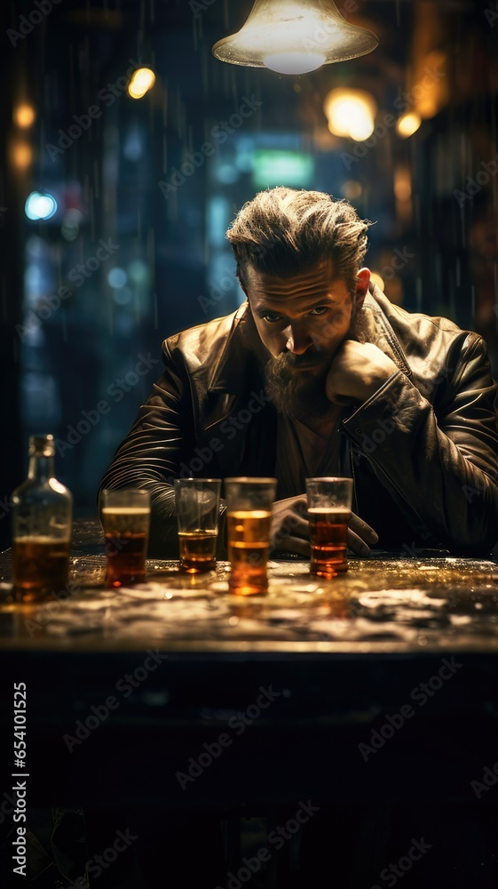Dark dramatic image of man drinking alone in a bar reflecting on life ...