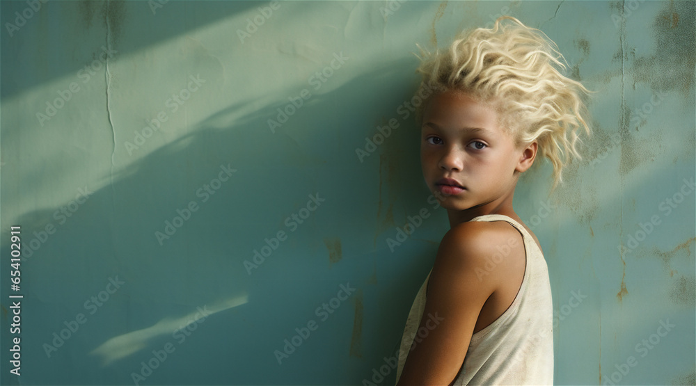 Outdoor portrait of a young light skinned African American with blond ...