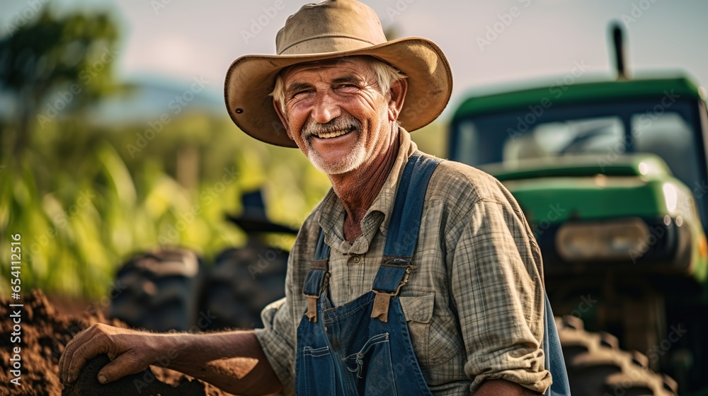 A Close - up view of corn farmer standing near tractor, happy farmer at ...