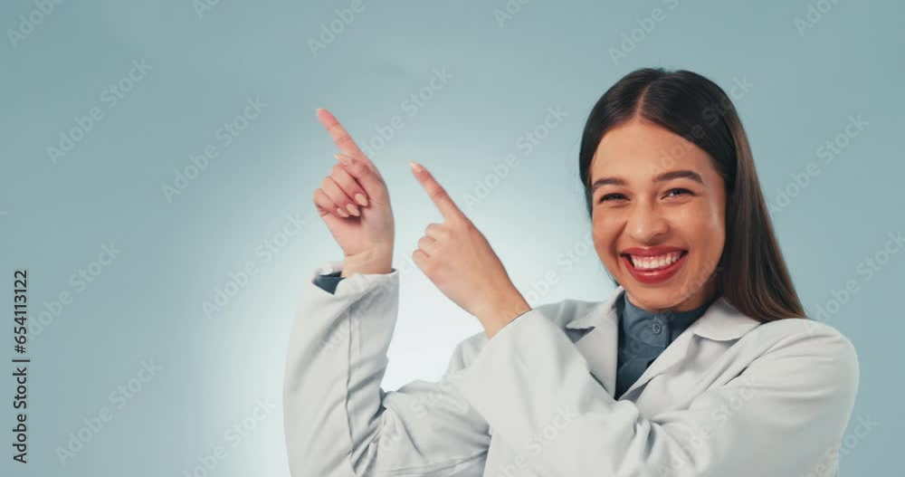 Woman, hands and happy scientist pointing in studio background with ...