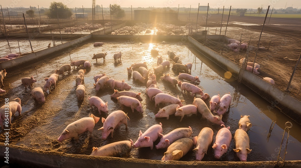 Agricultural Crops: Pigs in pig farms still eat from troughs. Food in ...