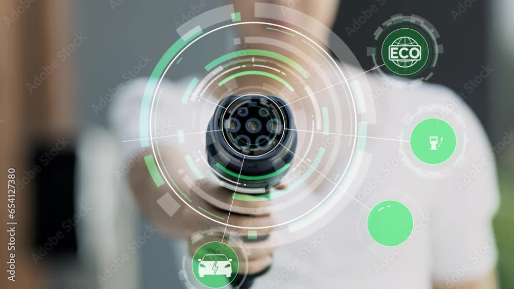 Focus EV charger pointing in front of camera display futuristic eco ...