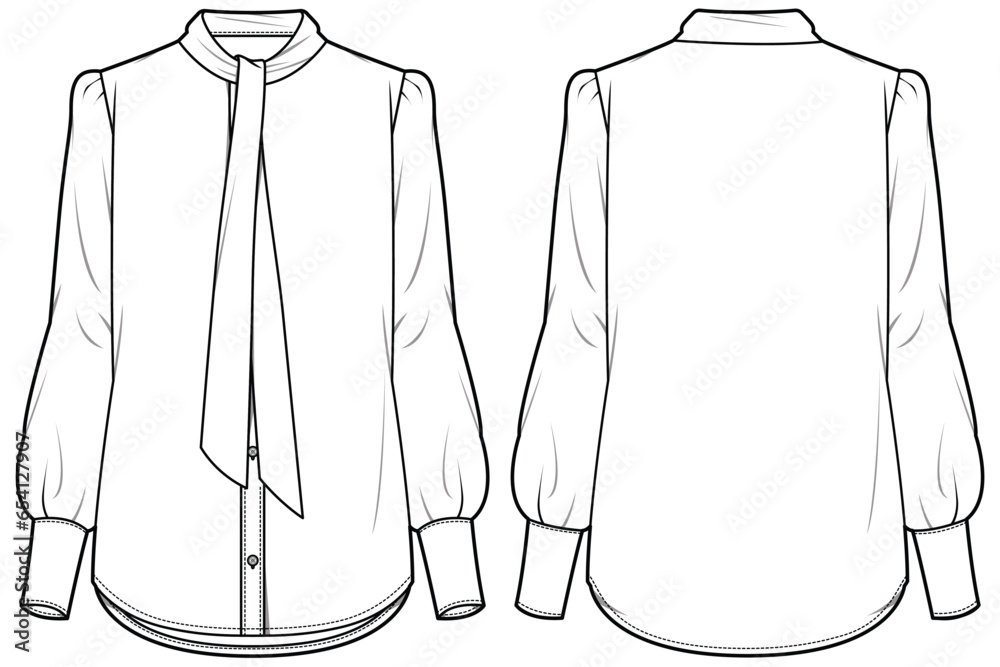 Women's Shirt Blouse with bow tie neck flat sketch fashion illustration ...
