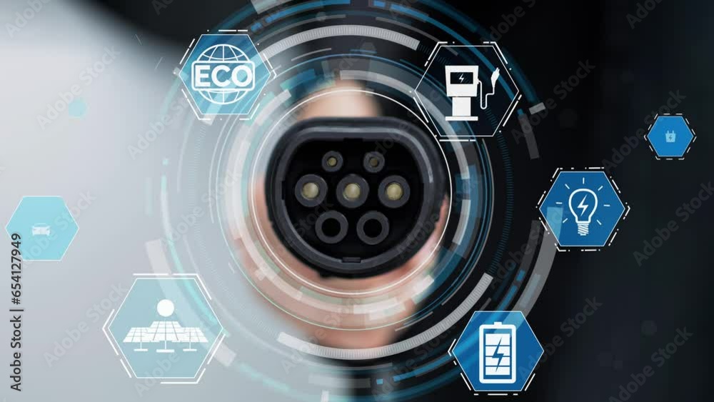 Focus EV charger pointing in front of camera display futuristic eco ...