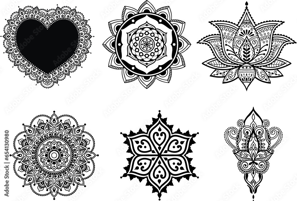 Set of Mehndi flower patterns for Henna drawing and tattoo. Decoration ...