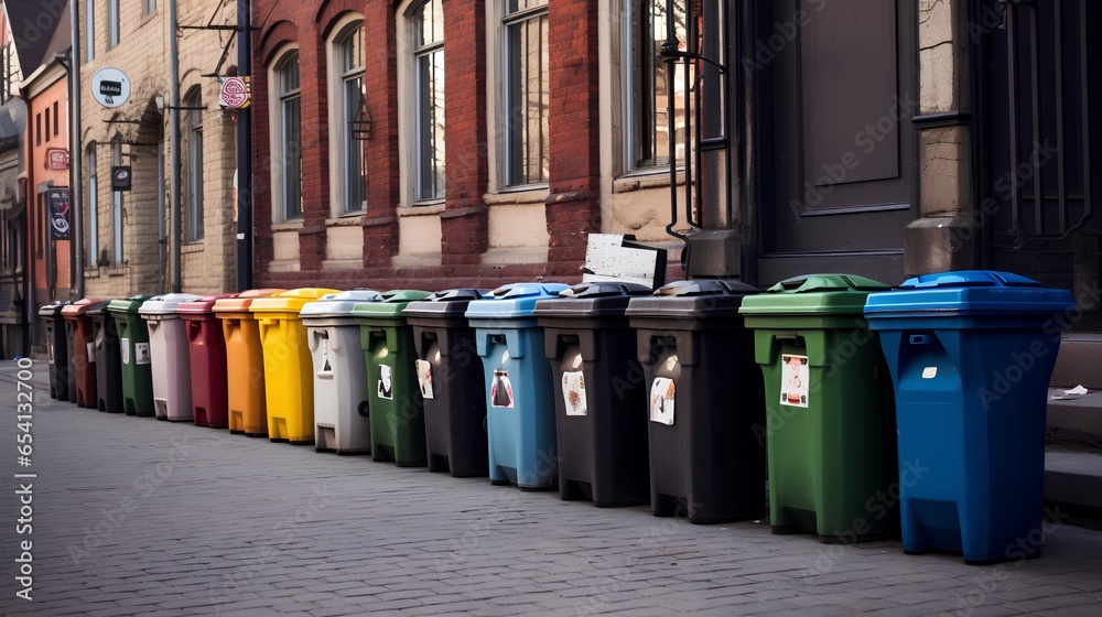 City waste bins lined up on a urban street promoting cleanliness and ...