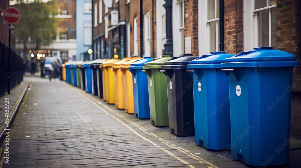 City waste bins lined up on a urban street promoting cleanliness and ...