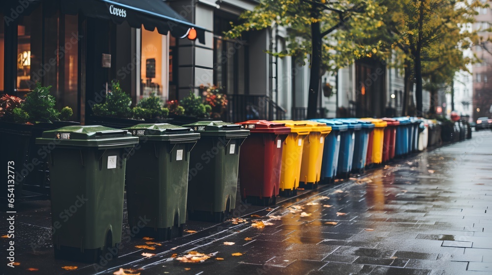 City waste bins lined up on a urban street promoting cleanliness and ...
