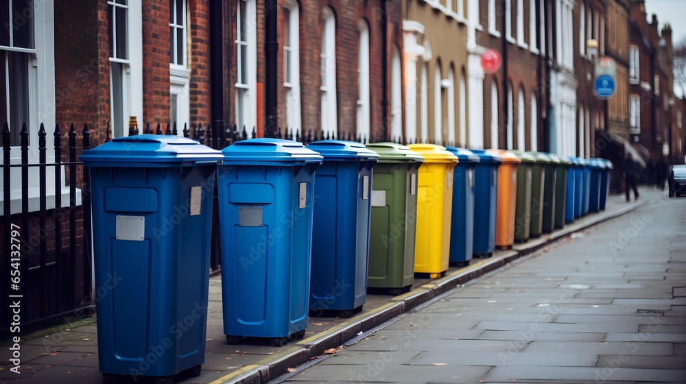 City waste bins lined up on a urban street promoting cleanliness and ...