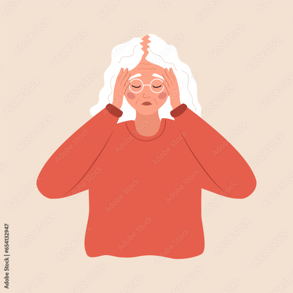 Alopecia concept. Sad elderly woman loses her hair. Baldness disease ...