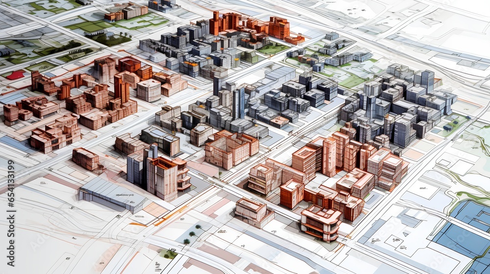 A detailed, technical blueprint showcasing urban planning and city ...