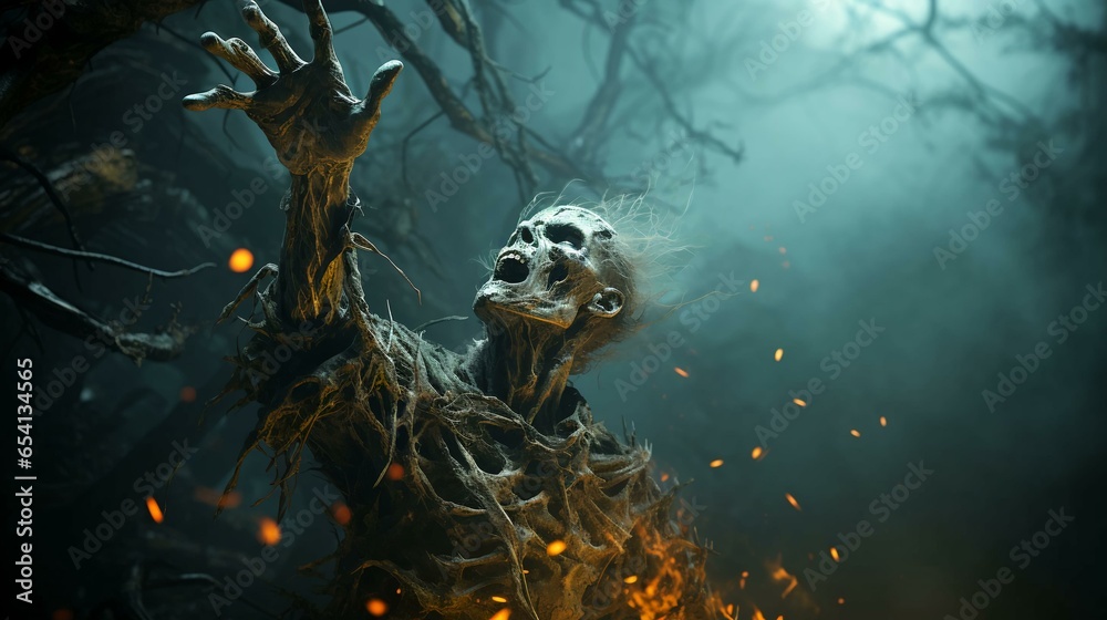 Zombies rise from the dead in a dark scary forest at night and pull ...