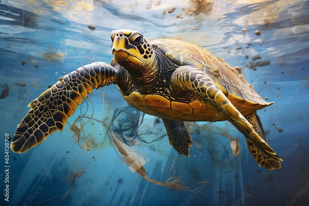 Turtle in polluted water with fishing net and bottle waste. Depicts ...