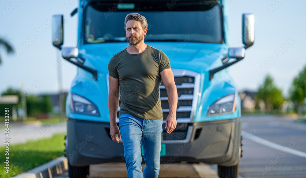 Transportation vehicles. hispanic man posing in front of truck. Semi ...