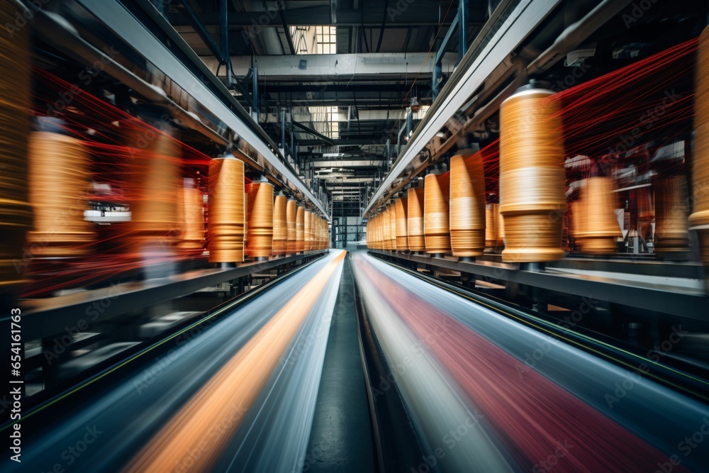 a textile factory floor with spinning machines creating threads. Motion ...