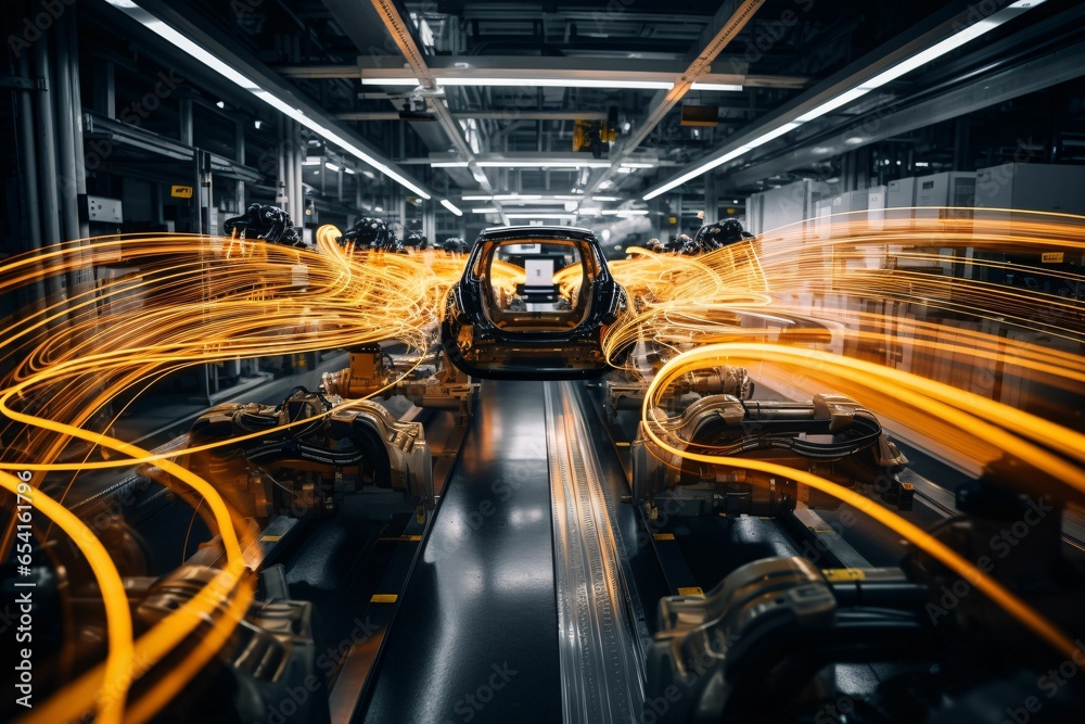 a bustling automotive assembly line, where robotic arms move in ...