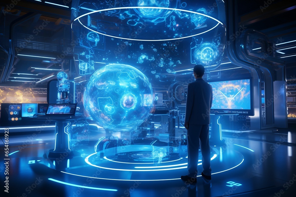 a futuristic lab, where a researcher interacts with a holographic AI ...