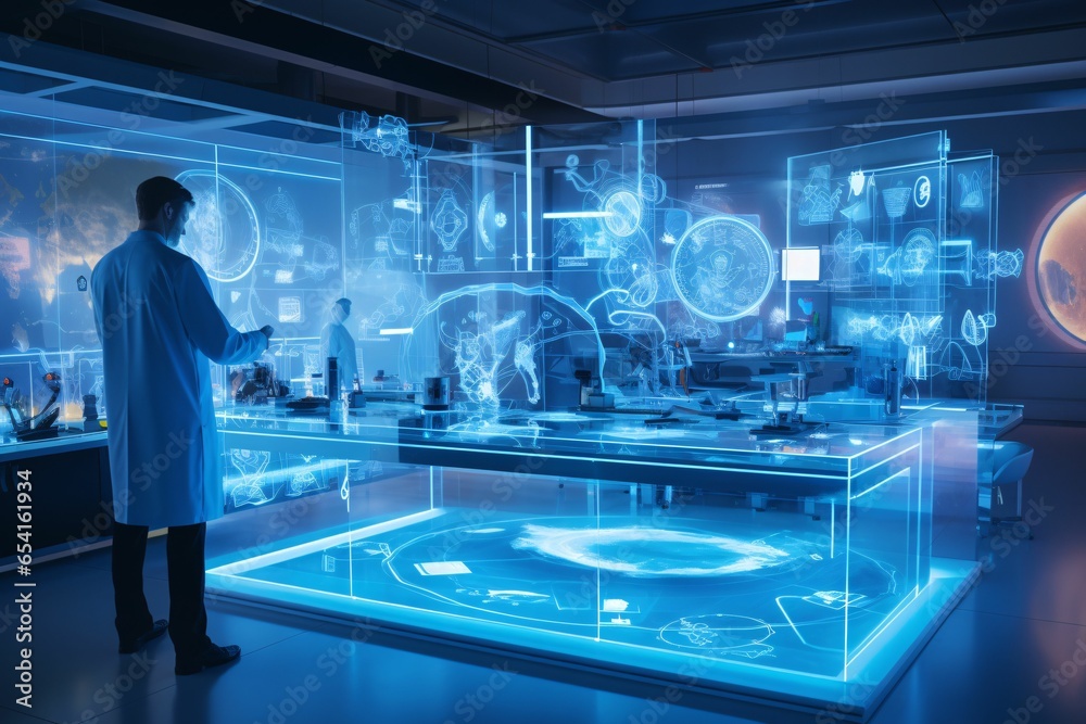 a futuristic lab, where a researcher interacts with a holographic AI ...