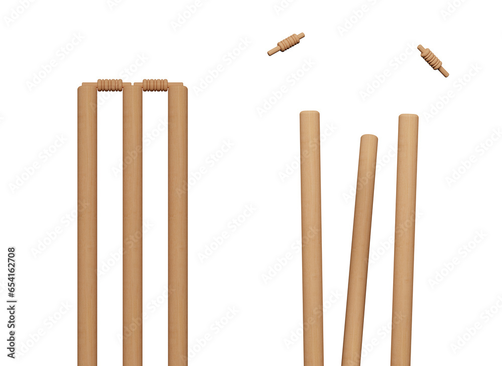 Cricket ball hitting wicket stumps knocking bails out against blue sky ... Cricket ball hitting wicket stumps knocking bails out against blue sky ...