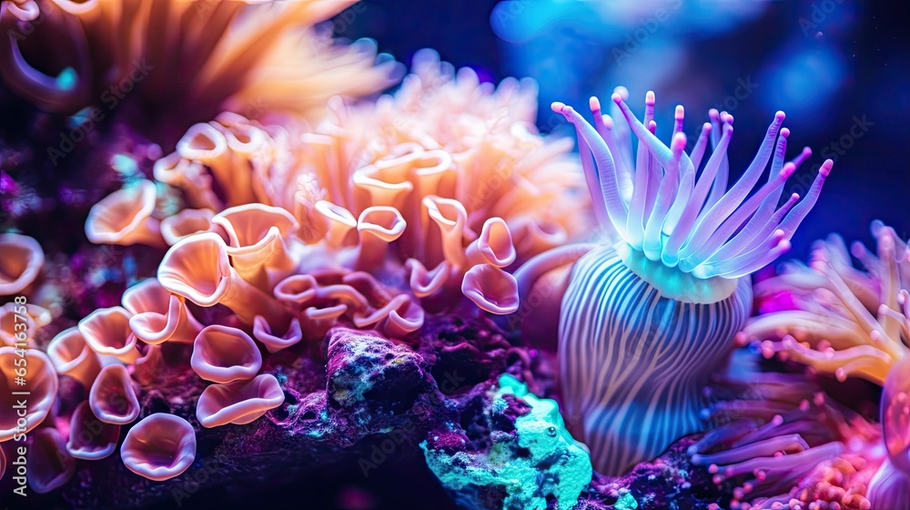 Close-up photo of coral reef background Bright neon coral reefs, sea ...