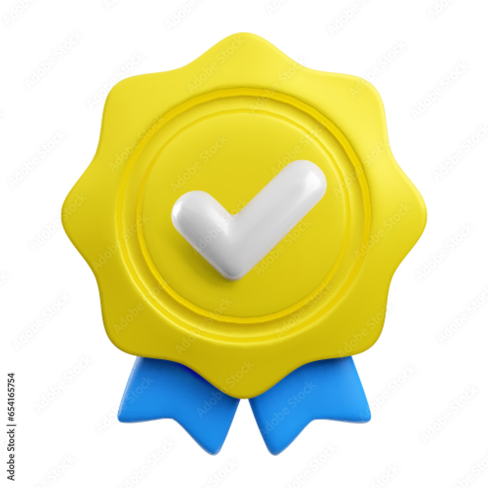 Vector cartoon 3d medal realistic icon with yes check mark and ribbon ...