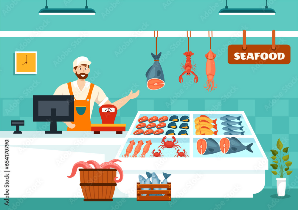 Seafood Market Stall Vector Illustration with Fresh Fish Products such ...