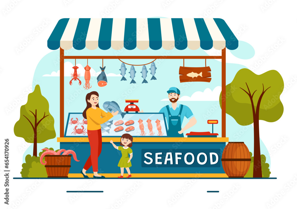 Seafood Market Stall Vector Illustration with Fresh Fish Products such ...