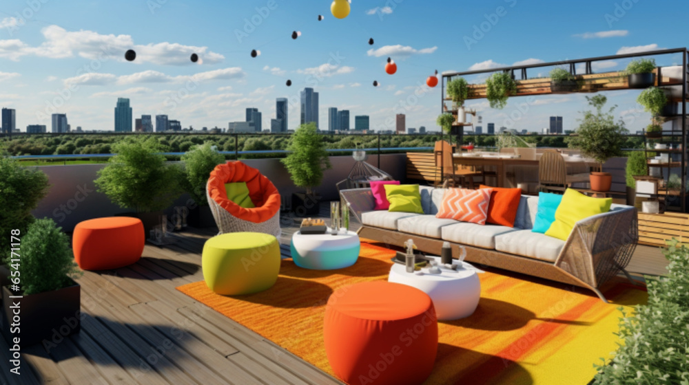 Design a captivating rooftop sitting area for guests, featuring lush ...