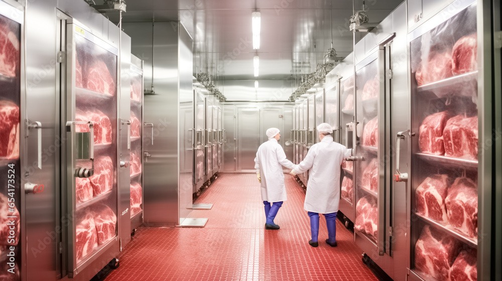 A meat industry workers packs meat in refrigerator. Chilled storage ...