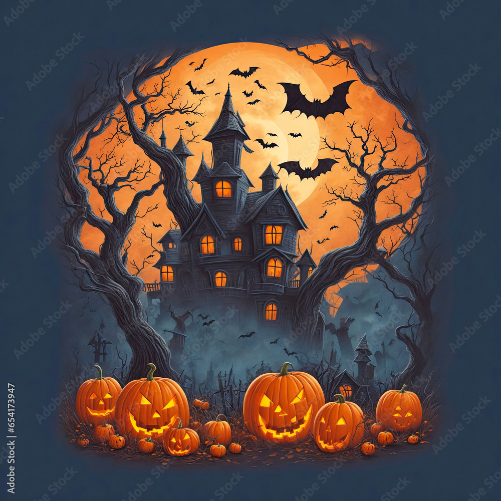 Halloween style illustration with deformed pumpkins, bats and creepy ...