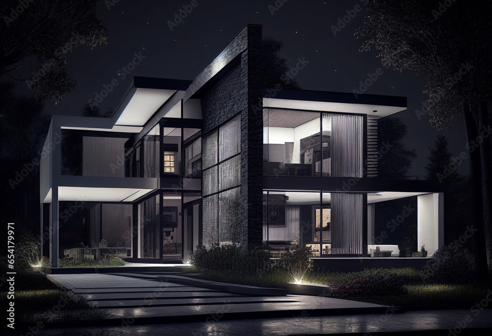 Contemporary modern house by night. Architect's house. Modern house ...