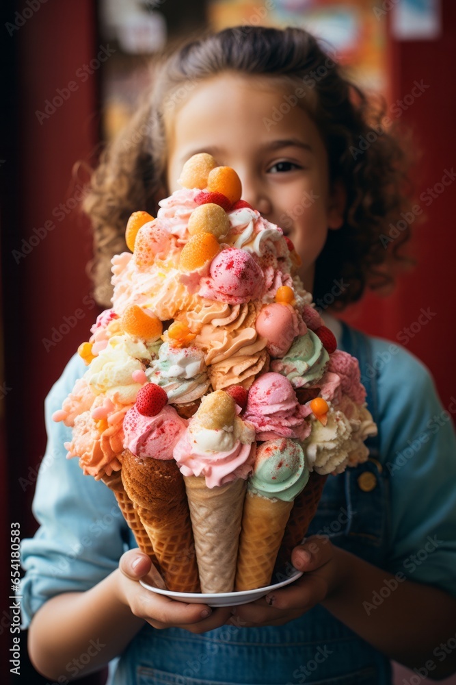 Massive Ice Cream Cone in Hands. Hands holding an excessively topped ...