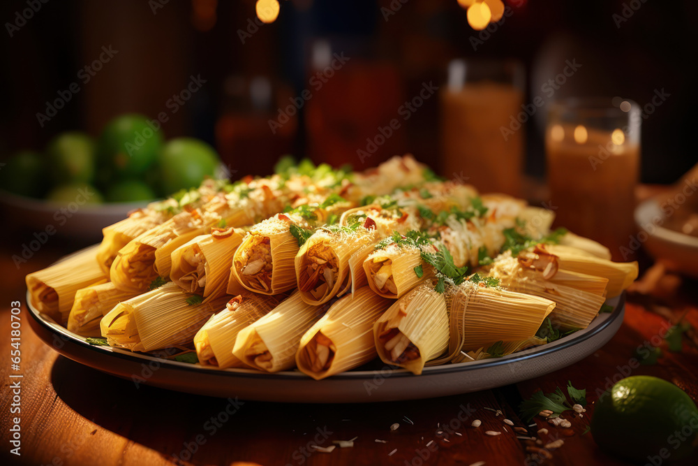 A platter of tamales, Mexican steamed corn dough filled with various ...