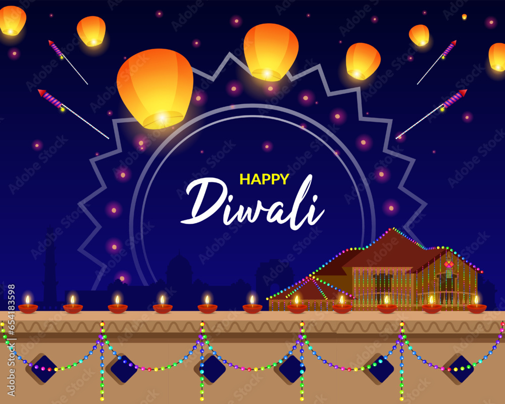 Diwali night sky with illuminated lights and diya. Sky lanterns are ...