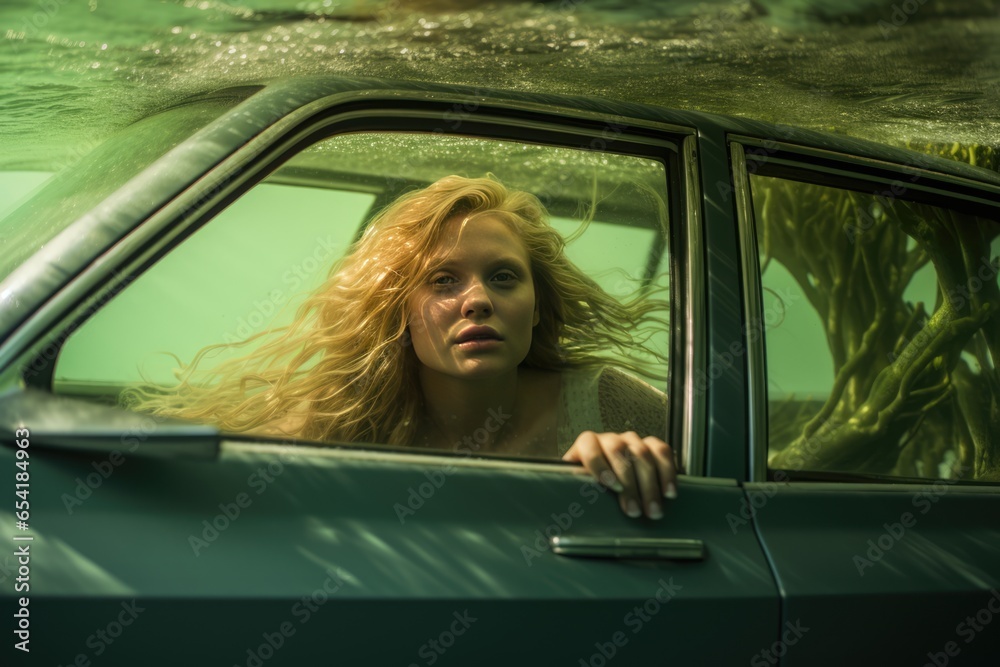 Woman Underwater In Car. Сoncept Women Drowning In Cars, Surviving An ...