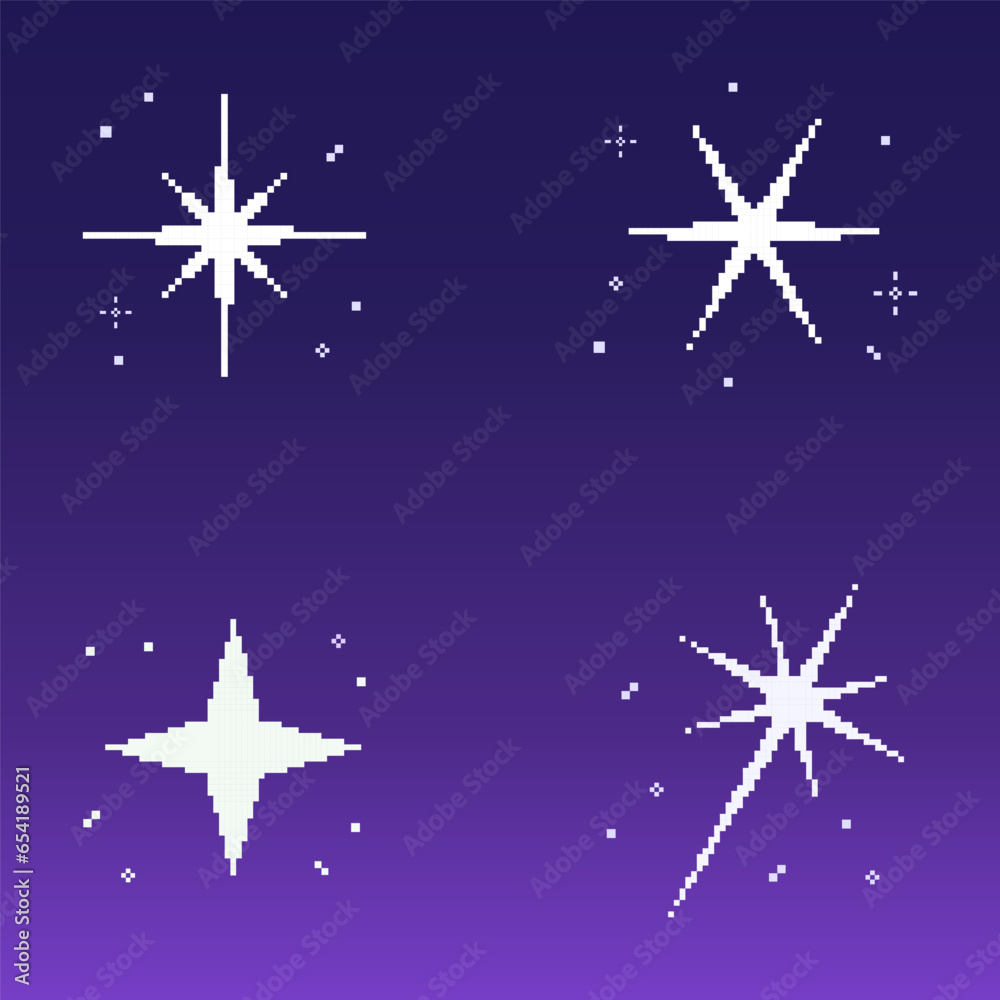 Starry sky pixel art set, sparkling star 8 bit style Stock Vector ...