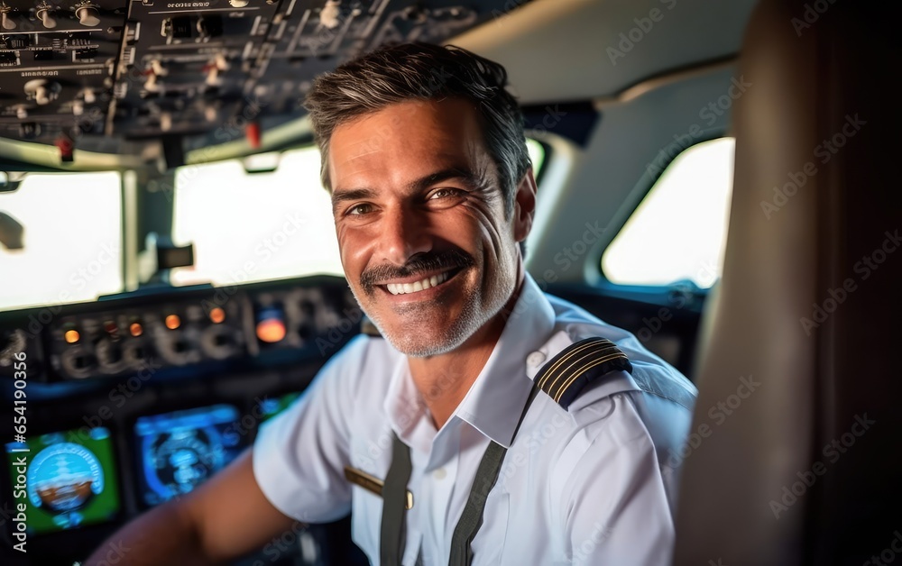 Smiling middle aged pilot in a commercial airplane. Generative AI Stock ...